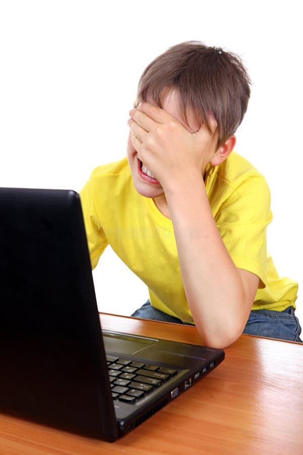 Sad Kid with Laptop stock image. Image of little, cover - 42676519