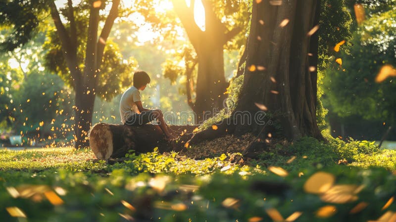 Sad Kid Sit on the Cut Tree Stock Image - Image of sunlight, grass ...