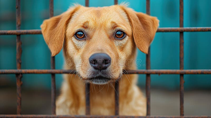 Sad, Light Brown Dog Looking through Rusty Cage Bars Stock Illustration ...