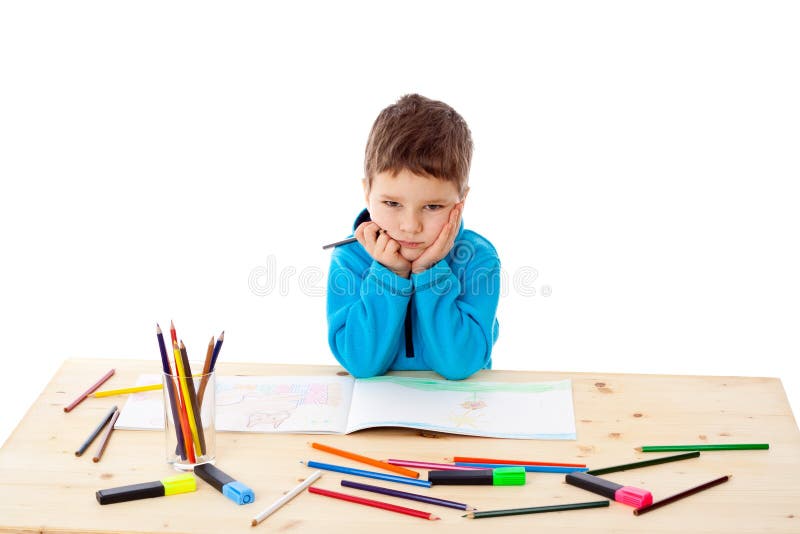 Sad Little Boy Draw with Crayons Stock Image - Image of paper, people ...