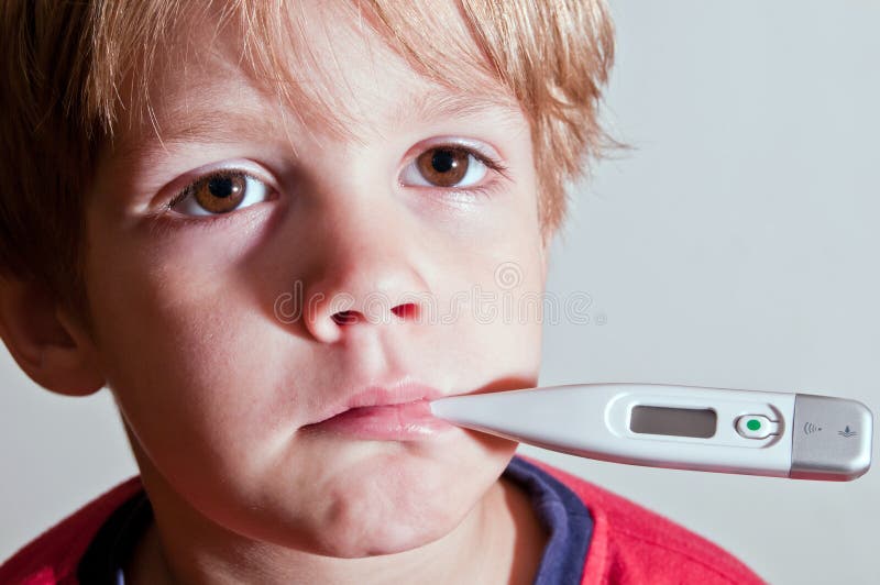 Sad Little Boy with Thermometer Stock Image - Image of sick, white ...