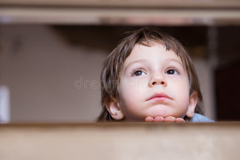 Sad Little Boy Thinking Looking Up Stock Photo - Image of growth ...