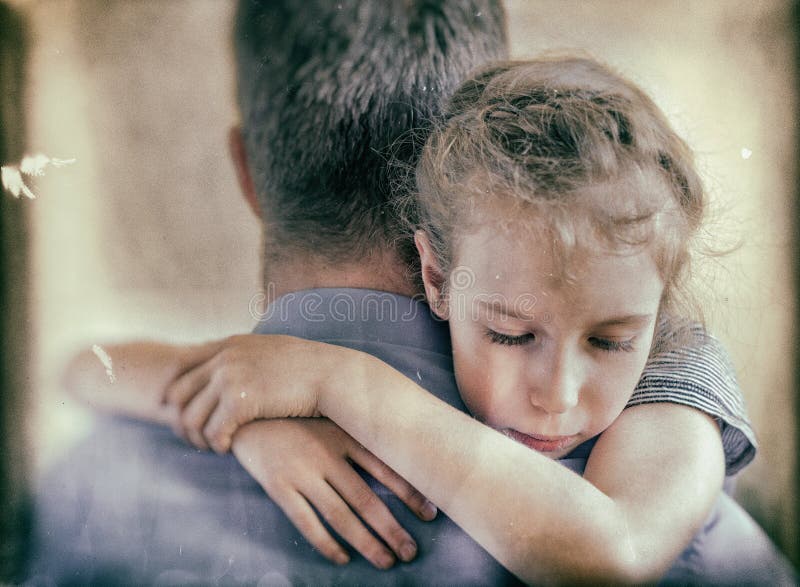 Sad Little Girl Hugging His Dad. Stock Image - Image of face, daddy ...