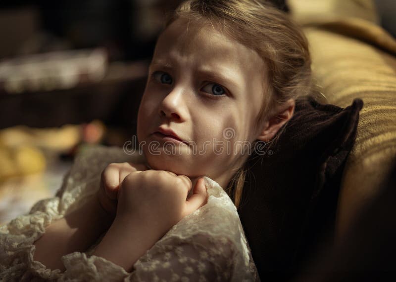 A Sad Little Girl in the Room Stock Image - Image of portrait, light ...