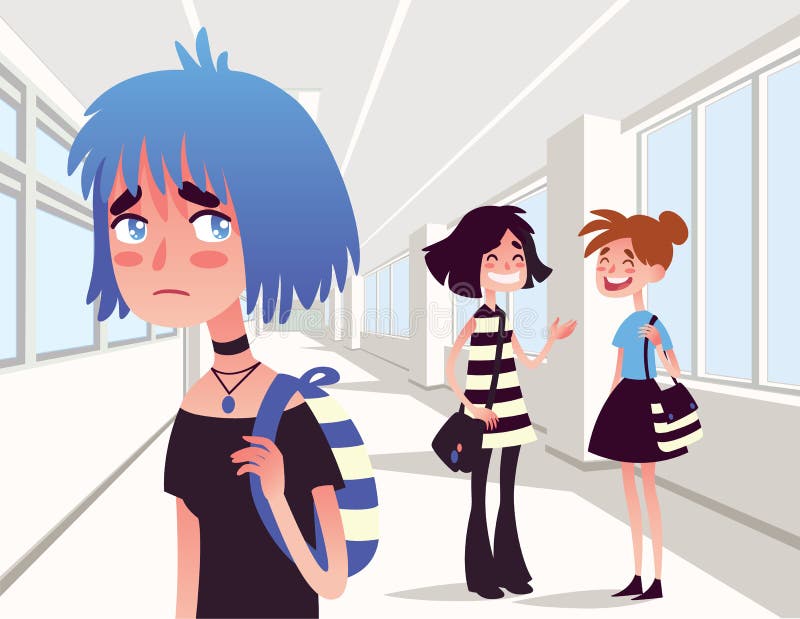 Sad Lonely Girl Looking at Two School Friends. Stock Vector ...