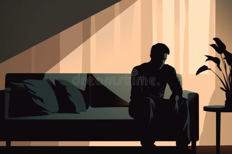 Sad Lonely Man Sit on Couch AI Generated Stock Illustration ...