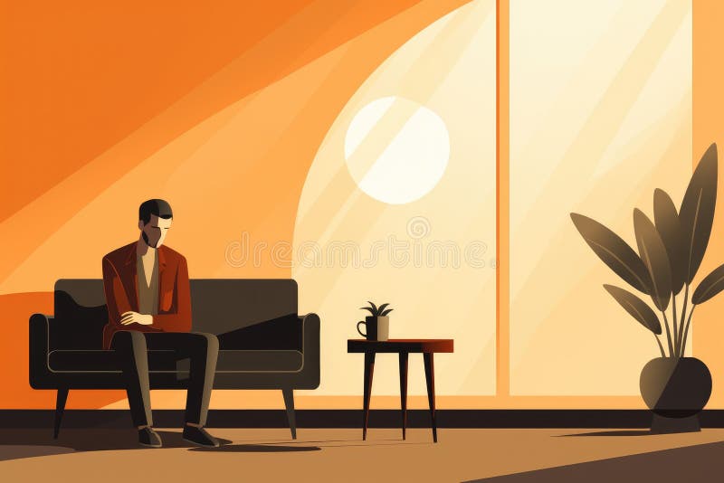 Sad Lonely Man Sit on Couch AI Generated Stock Illustration ...