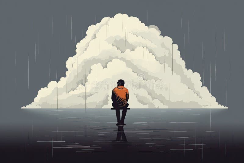 Sad Lonely Man Sit Under Big Rainy Cloud AI Generated Stock Illustration - Illustration of ...