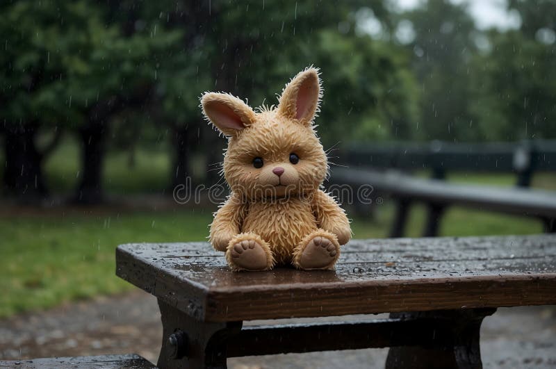 Sad Lonely Plush Grey Rabbit with Floppy Ears on a Bench, Wet in the ...