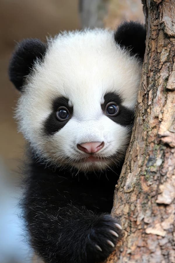 A Sad-looking Panda in Black and White, Peeks from Behind a Tree ...