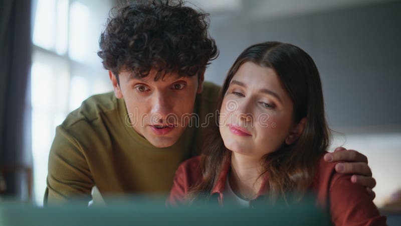 Sad Lovers Looking Computer Apartment Kitchen Closeup. Spouses Started ...