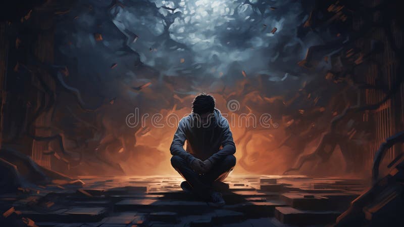 A Sad Man Alone in Darkness, Sitting and Thinking with Lighting on ...