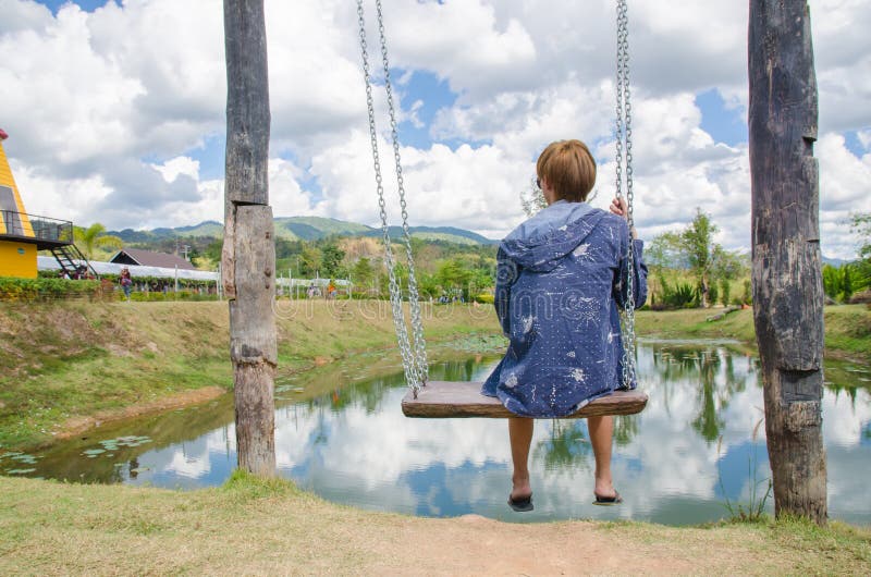 Sad Man Alone on Swing Bench and Thinking Stock Photo - Image of copy ...
