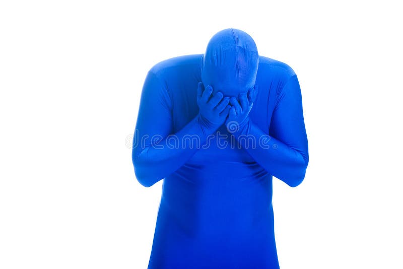 Sad Man in Blue Body Suit Crying in His Hands. Stock Photo - Image of ...