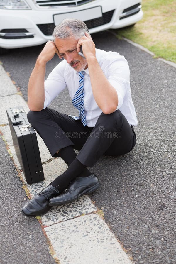Sad Man Calling for Assistance after Breaking Down Stock Image - Image ...