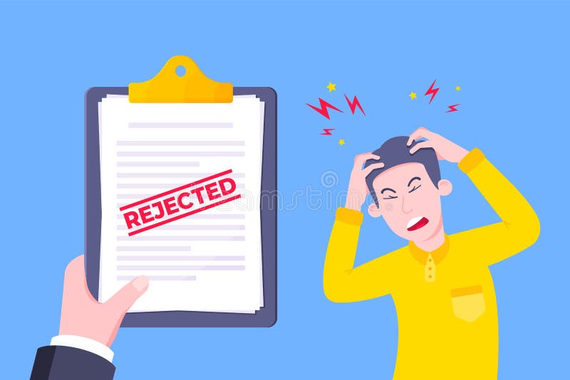 Sad Man and an Clipboard with Rejected Application Form Flat Style ...