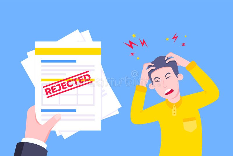 Sad Man and an Clipboard with Rejected Application Form Flat Style ...