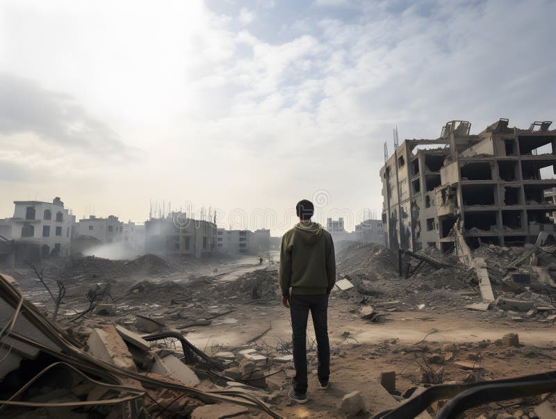 Sad Man in Destroyed City during War Stock Illustration - Illustration ...