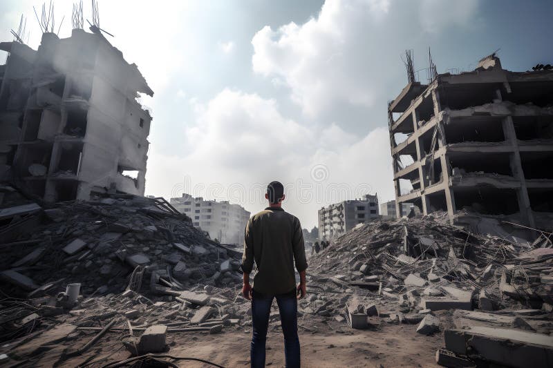 Sad Man in Destroyed City during War Stock Illustration - Illustration ...