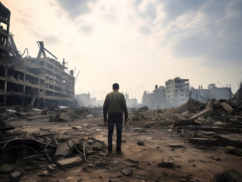 Sad Man in Destroyed City during War Stock Illustration - Illustration ...