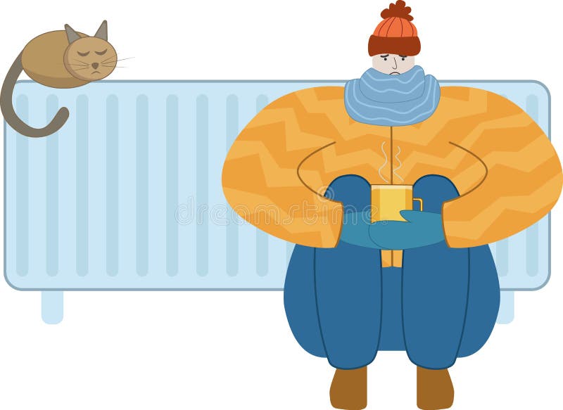 Sad Man Feeling Cold in Hat and Down Jacket Holding Cup of Tea Sitting ...