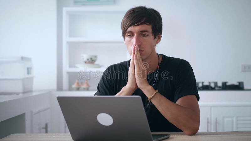 Sad Man Freelancer Asking for Help about Problem, Praying To God while ...