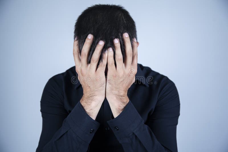 Sad man hand in face stock image. Image of male, face - 152955885