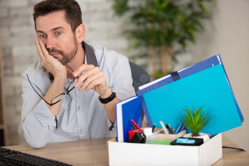 Sad Man with Work Possessions in Box Stock Photo - Image of anxious ...