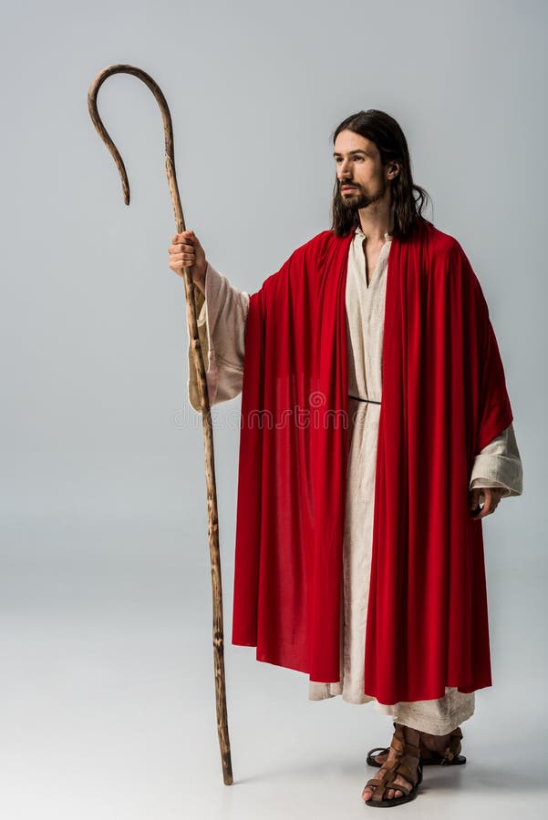 Man in Jesus Robe Holding Wooden Cane on Grey Stock Image - Image of ...