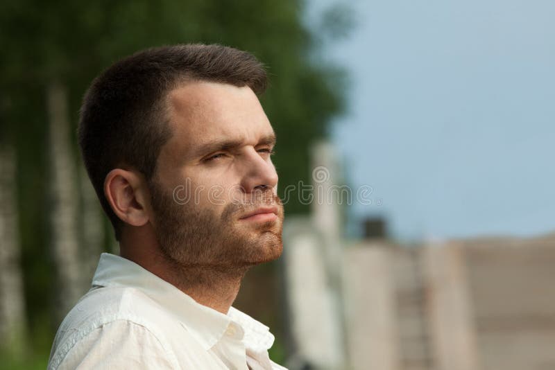 Sad Man Portrait in Summer Park Look at Sunset Stock Photo - Image of ...