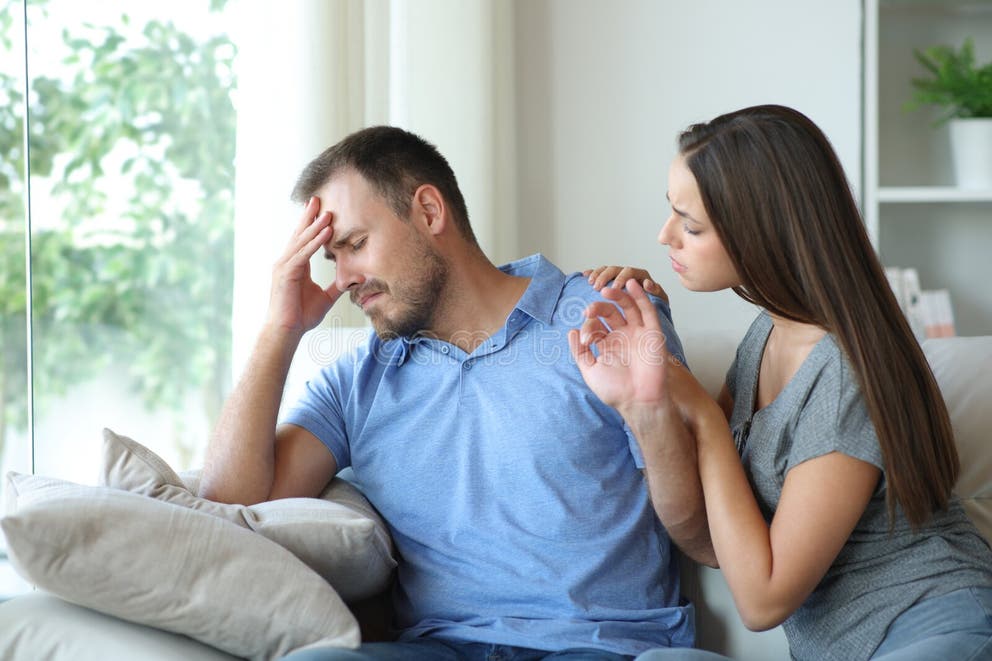 Sad Man Refusing Partner Help at Home Stock Photo - Image of infidelity ...