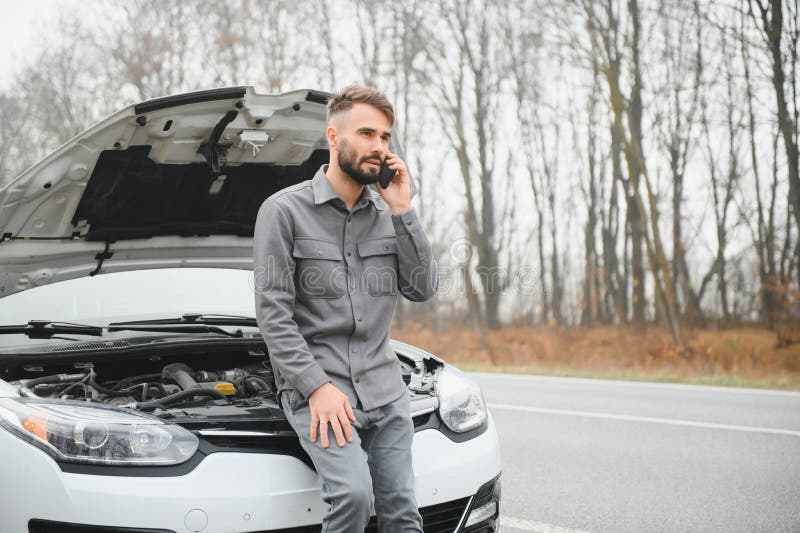 Sad Man on the Road Next To the Broken Car Stock Photo - Image of ...