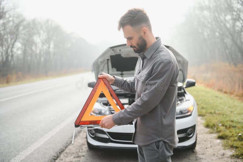 Sad Man on the Road Next To the Broken Car Stock Photo - Image of ...