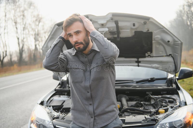 Sad Man on the Road Next To the Broken Car Stock Photo - Image of ...