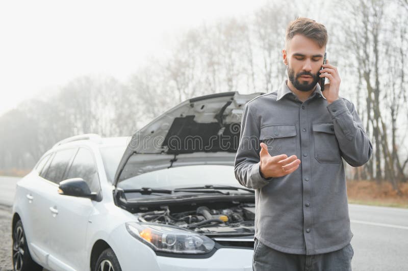 Sad Man on the Road Next To the Broken Car Stock Image - Image of ...
