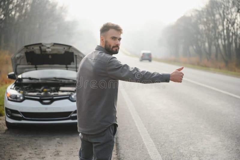 Sad Man on the Road Next To the Broken Car Stock Image - Image of ...