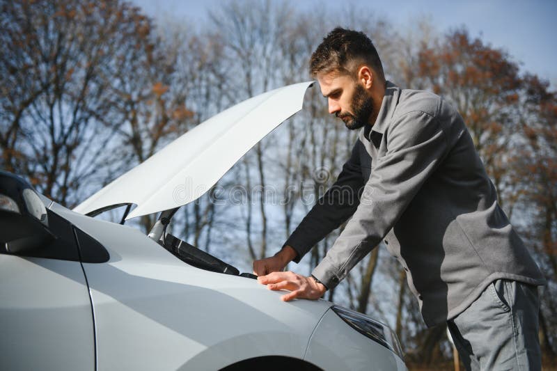 Sad Man on the Road Next To the Broken Car Stock Image - Image of ...