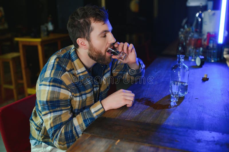 Sad Man Sitting at Bar Counter, Alcohol Addiction Stock Photo - Image ...