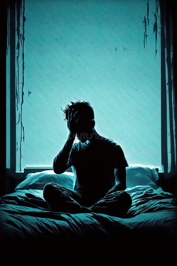 Sad Man Sitting on Bed Representing Mental Health Issues. Stock ...