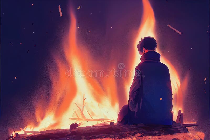 A Sad Man Sitting in Front of a Burning Land, Anime Style, Ai Generated ...