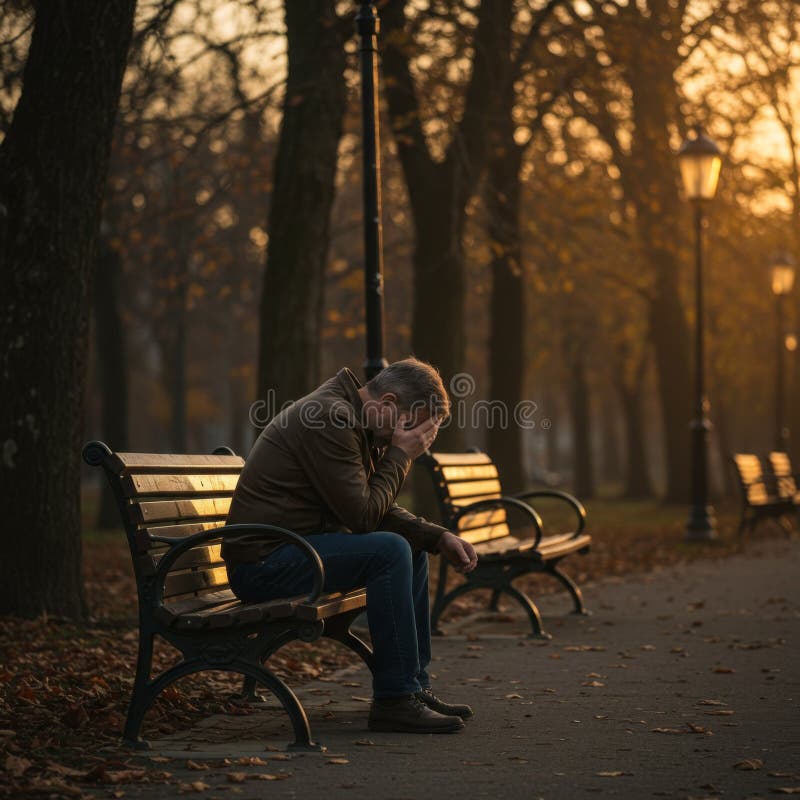Sad Man Sitting on a Park Bench at Sunset Stock Illustration ...