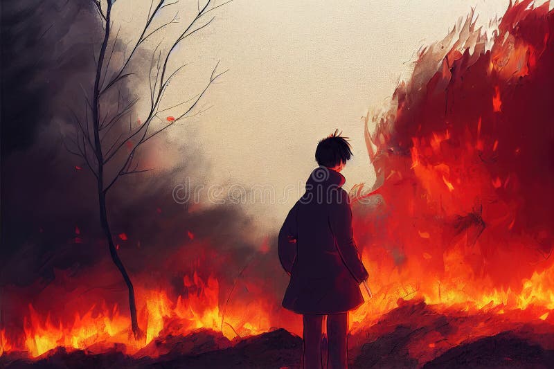 A Sad Man Standing in Front of a Burning Landscape, Fire Everywhere, Ai ...