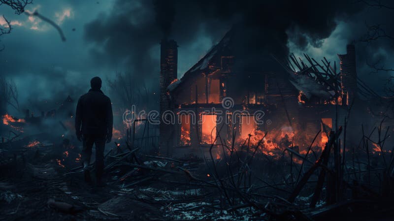 A Sad Man Stands by His Burnt Home. Forest Fires. Post-fire Home ...