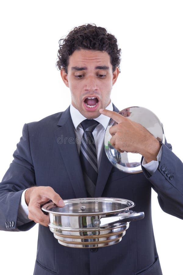 Sad Man in Suit Holding Cooking Pot and Asking for Lunch Stock Image ...