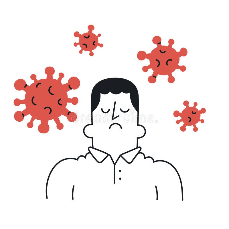 Sad Man Surrounded by COVID-19 Virus Pathogens. Outline, Linear, Thin ...