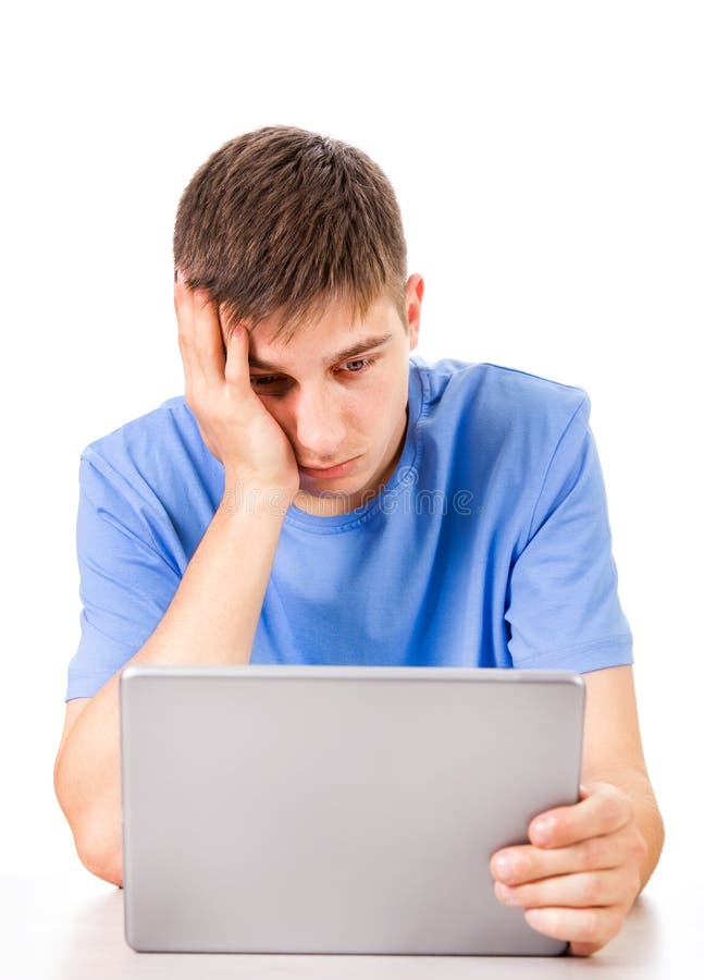 Sad Man with a Tablet stock photo. Image of depression - 159749858