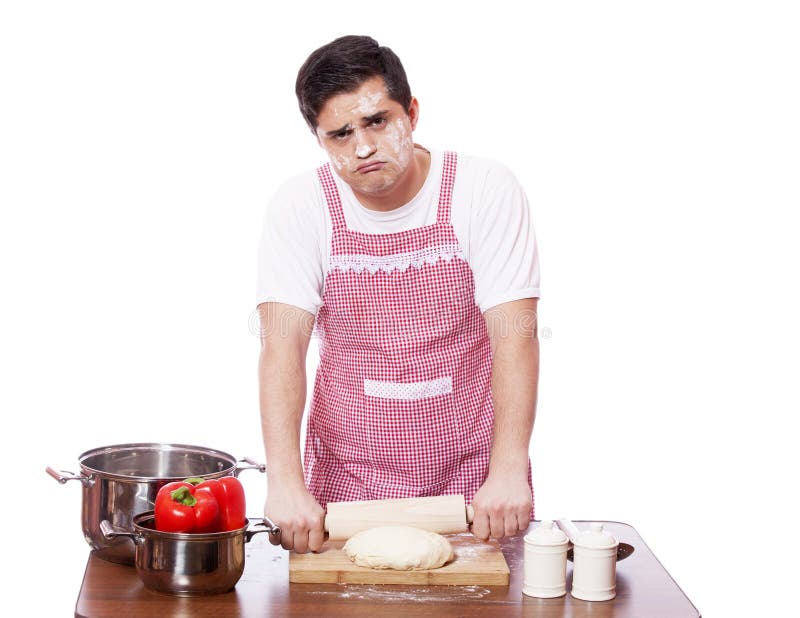 Sad man try to cooking stock image. Image of dough, apron - 29209519