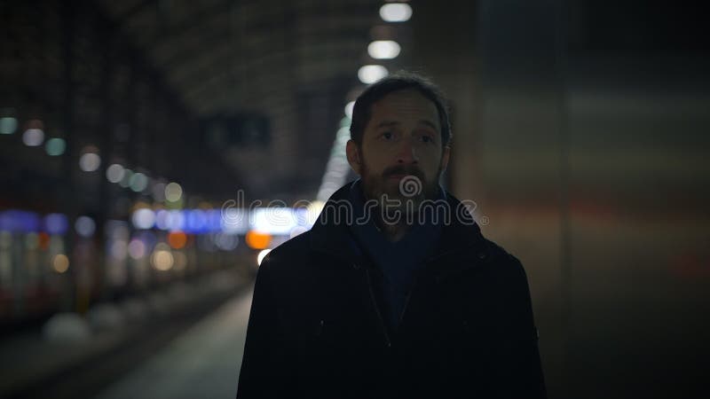 Sad Man Walking Alone at Train Station at Night Stock Footage - Video ...
