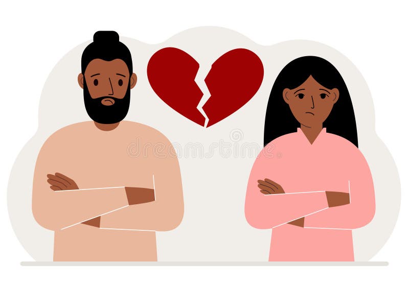 Sad Man and Woman Next To a Broken Red Heart. Broken Heart Stock Vector ...
