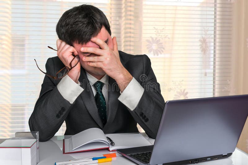 Sad Man Working on Laptop in the Office Stock Image - Image of notebook ...